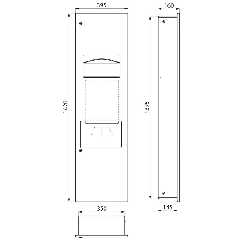 Recessed combi hand dryer and paper towel dispenser/bin
